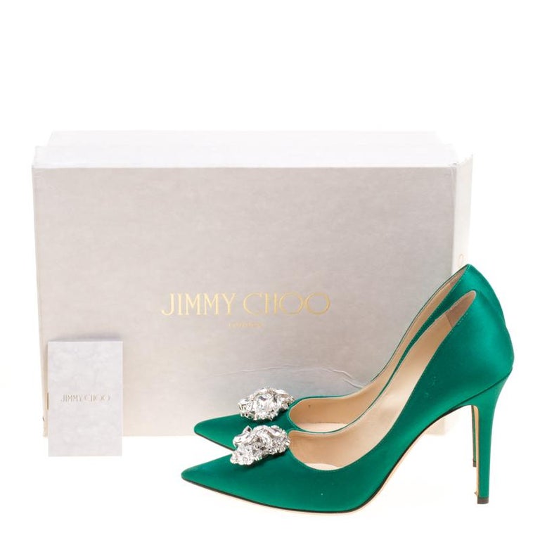 Jimmy Choo Green Satin Embellished Manda Pumps Size 37 For Sale at 1stDibs