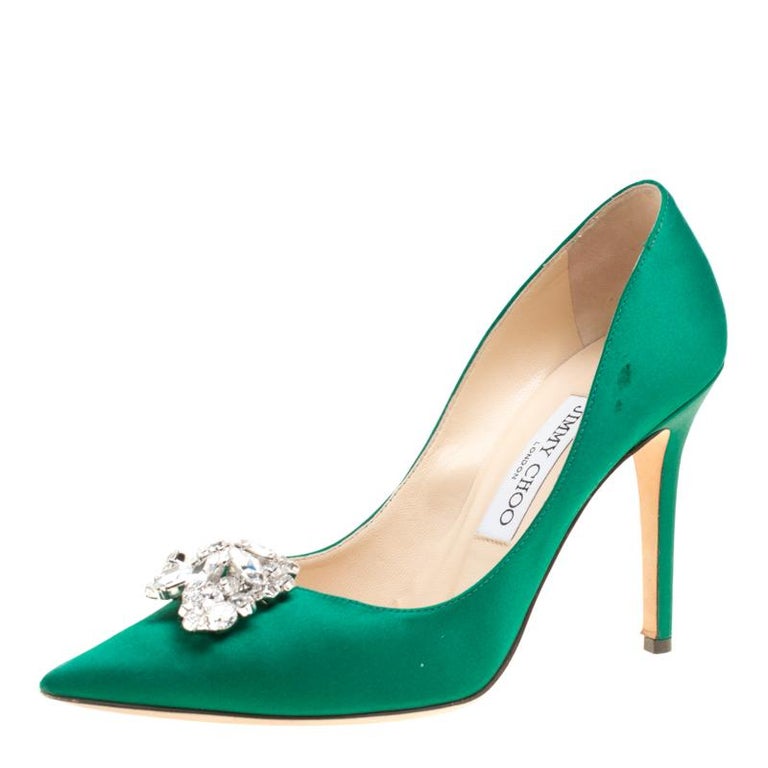 Jimmy Choo Green Satin Embellished Manda Pumps Size 37 For Sale at 1stDibs