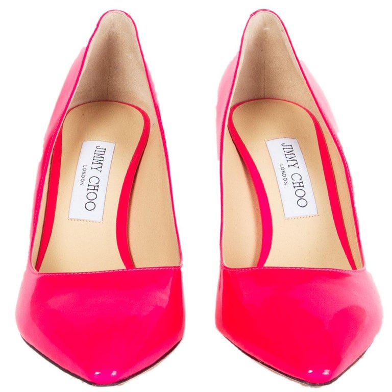 JIMMY CHOO hot pink patent leather ROMY 85 POINTED-TOE Pumps Shoes 39.5 ...