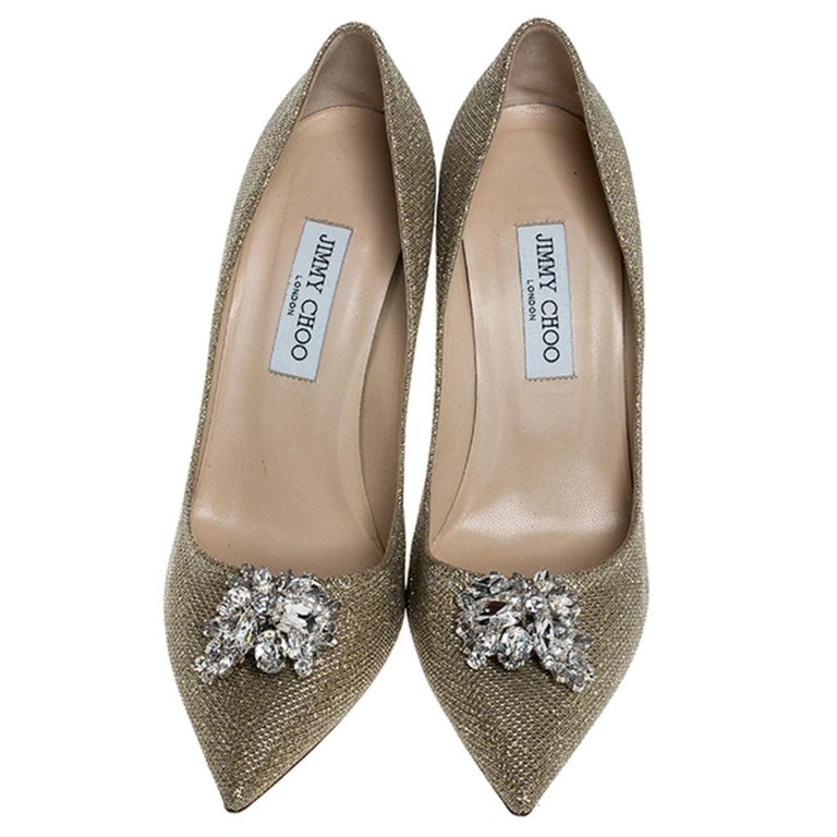 Jimmy Choo Lamè Glitter Fabric Mamey Crystal Embellished Pointed Toe