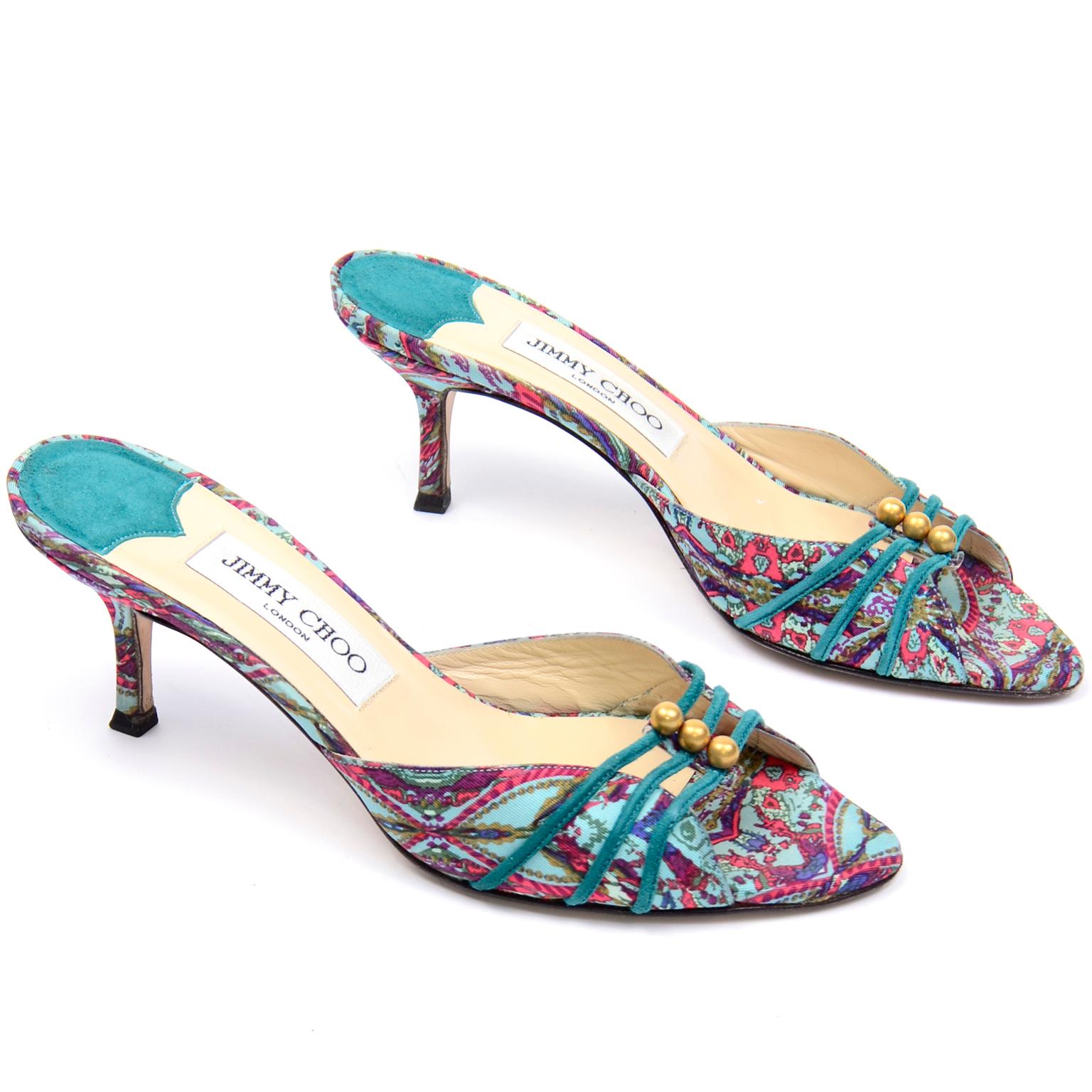 Jimmy Choo London Colorful Mules Shoes in Turquoise Print W Heels and ...