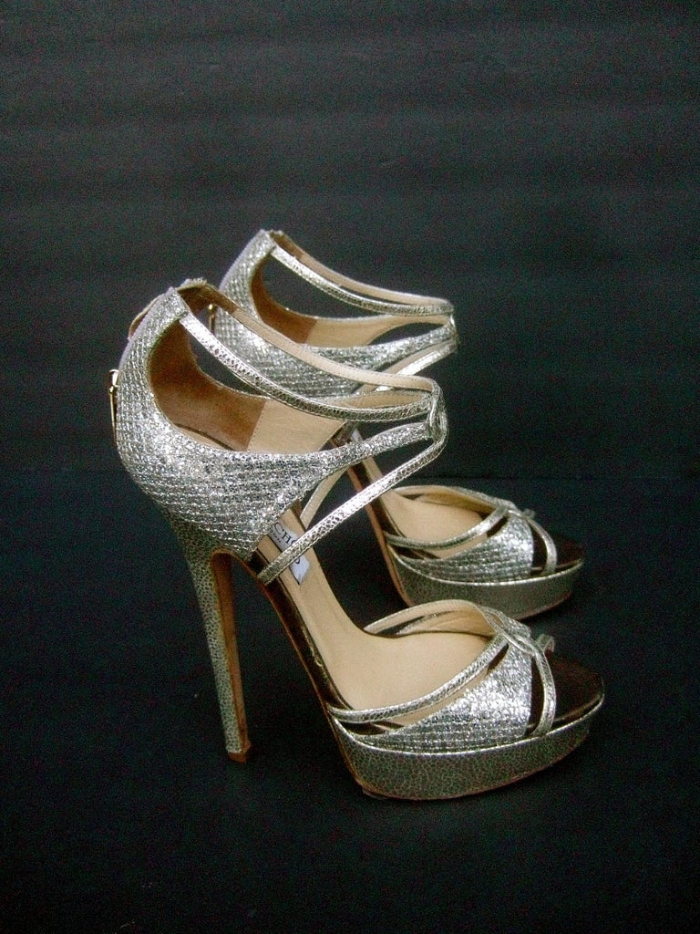 Jimmy Choo London Silver Metallic Platform Stiletto Strap Shoes Size 38 ...