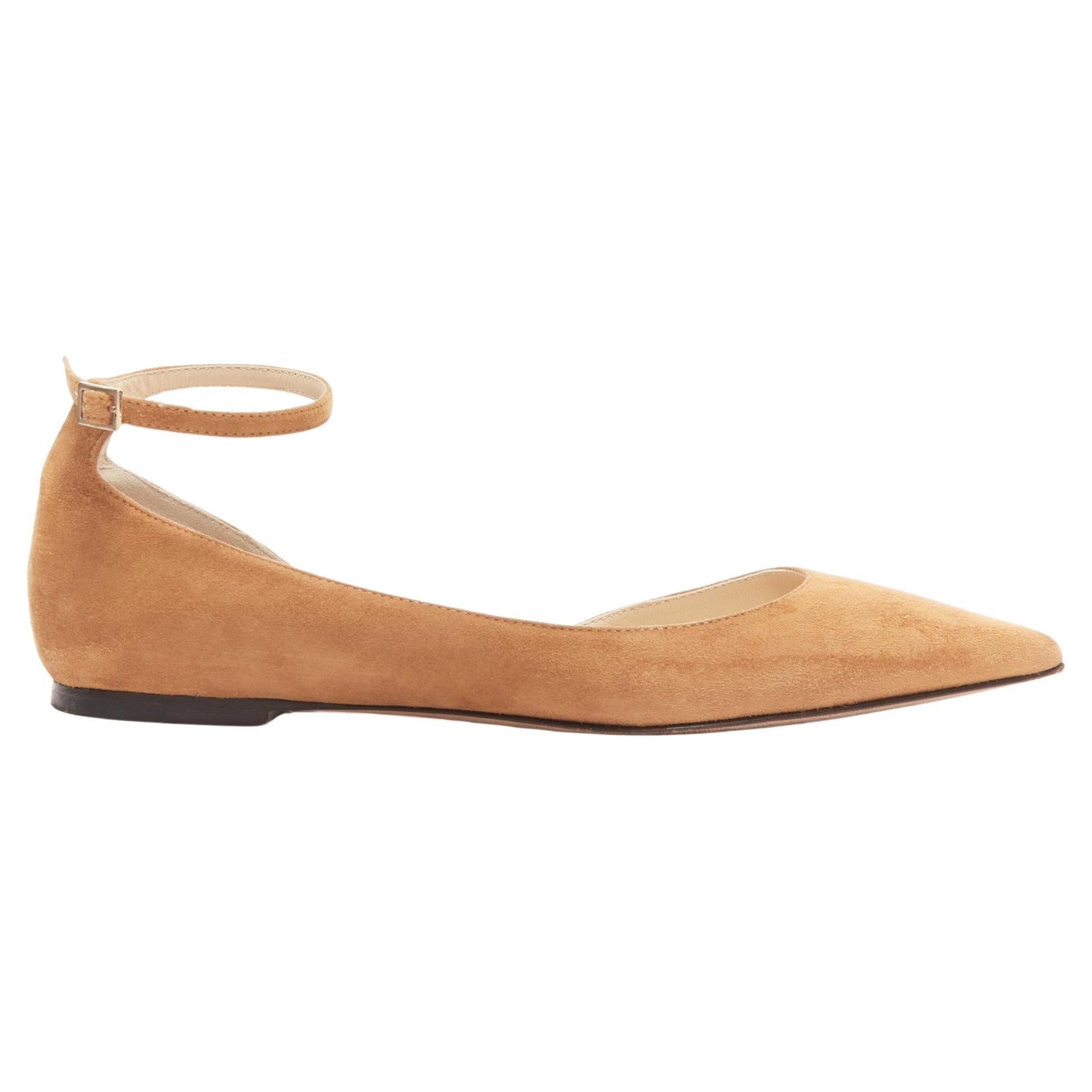 JIMMY CHOO Lucy tan brown suede ankle strap point toe half dorsay flats ...