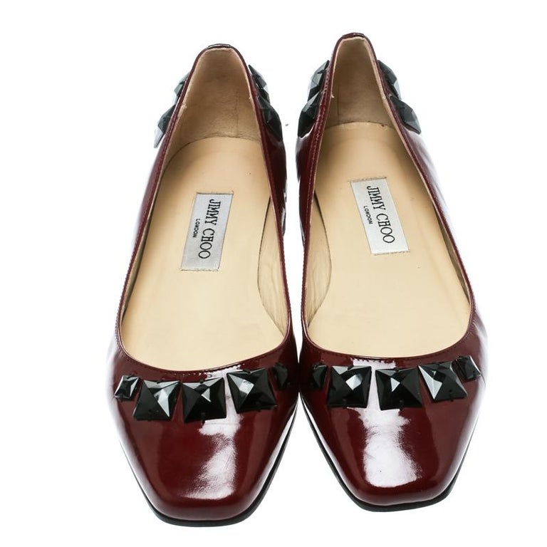 Jimmy Choo Maroon Patent Leather Watson Studded Square Toe Ballet Flats ...