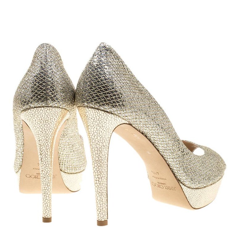 Jimmy Choo Metallic Champagne Glitter Fabric Peep Toe Platform Pumps