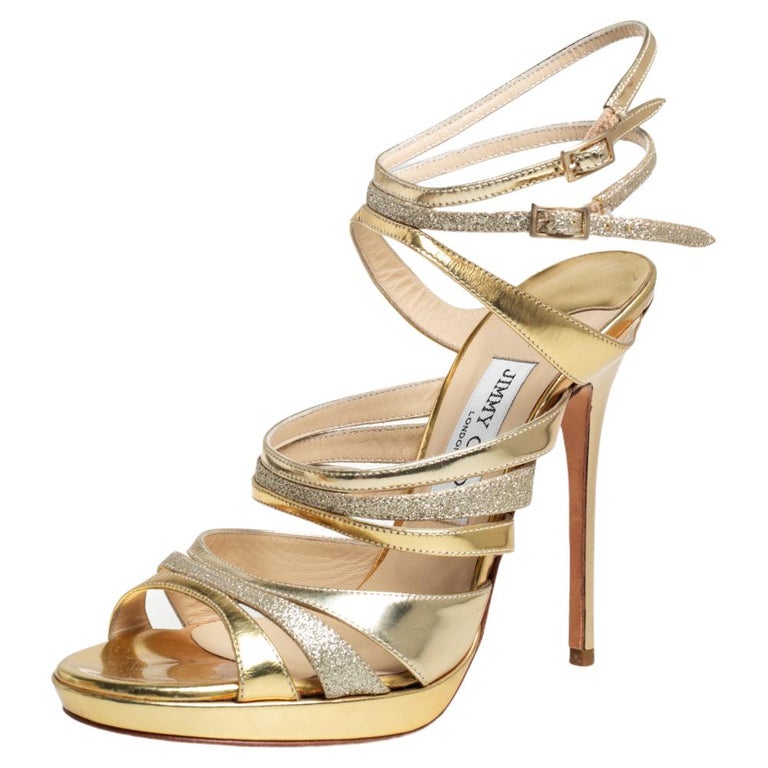 Jimmy Choo Metallic Gold Coarse Glitter Cage Open Toe Sandals Size 37.5 ...