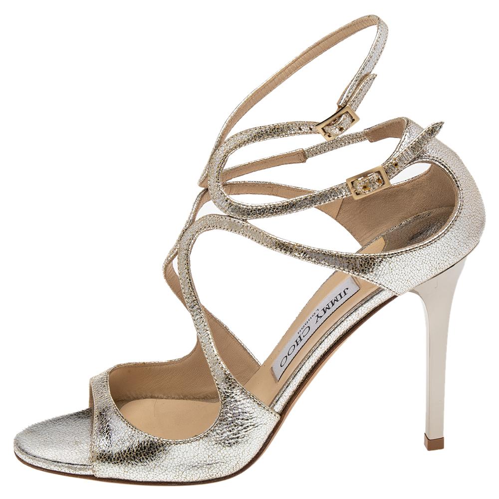 Jimmy Choo Metallic Gold Crackle Leather Lance Sandals Size 38.5 at ...