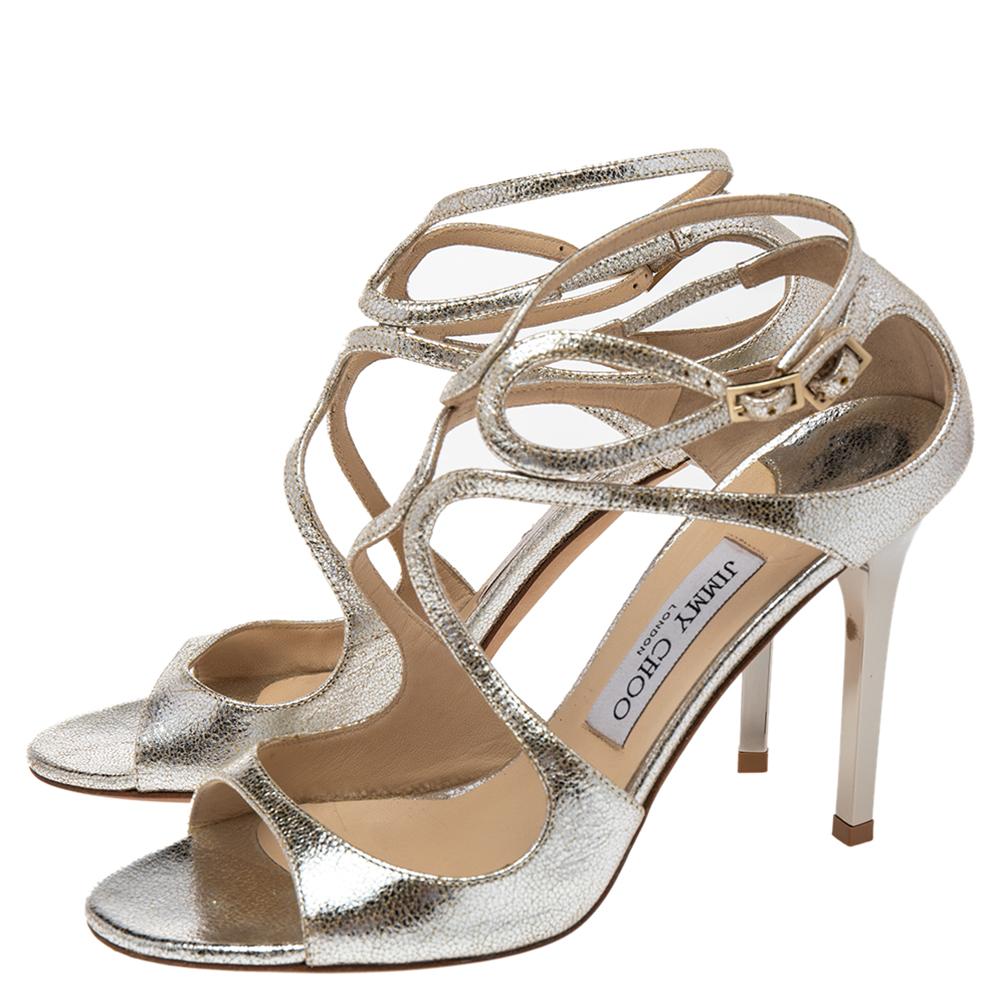 Jimmy Choo Metallic Gold Crackle Leather Lance Sandals Size 38.5 at ...