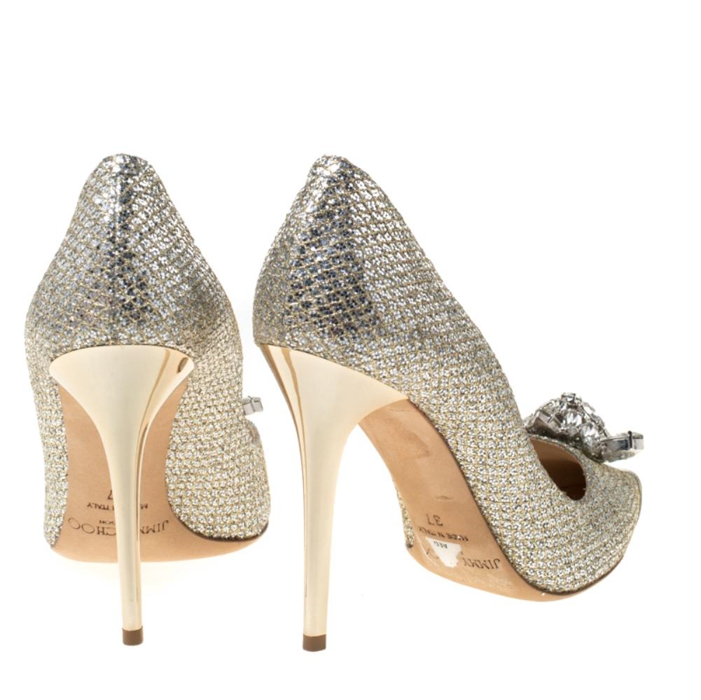 Jimmy Choo Metallic Gold Glitter And Lace Embellished Pointed Toe Pumps ...