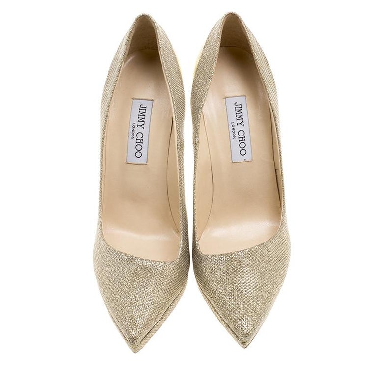 Jimmy Choo Metallic Gold Lamè and Leather Aude Pointed Toe Platform ...