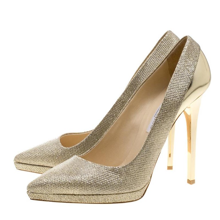 Jimmy Choo Metallic Gold Lamè and Leather Aude Pointed Toe Platform ...
