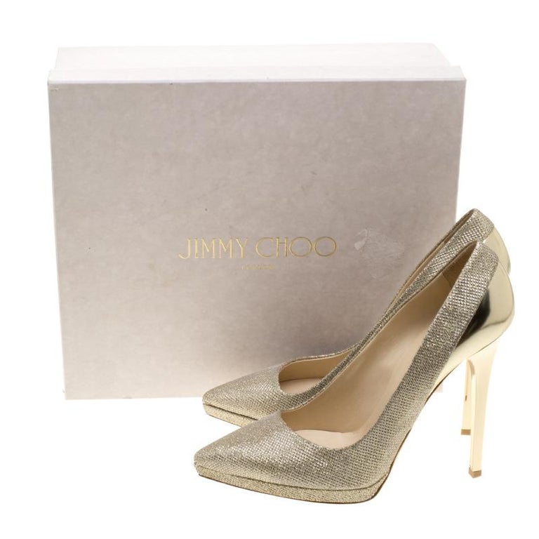 Jimmy Choo Metallic Gold Lamè and Leather Aude Pointed Toe Platform ...