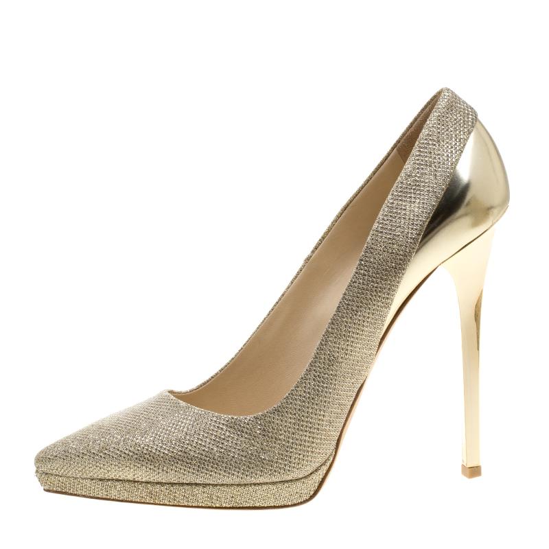 Jimmy Choo Metallic Gold Lamè and Leather Aude Pointed Toe Platform ...