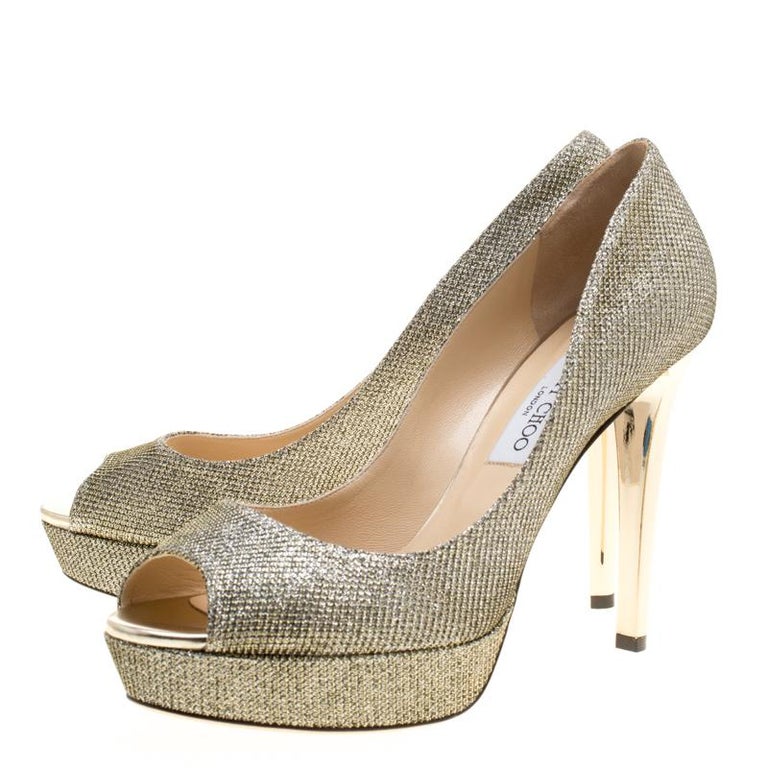Jimmy Choo Metallic Gold Lamè Fabric Dahlia Peep Toe Platform Pumps ...