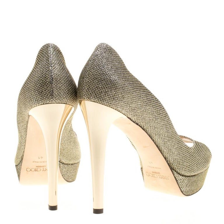 Jimmy Choo Metallic Gold Lamè Fabric Dahlia Peep Toe Platform Pumps ...