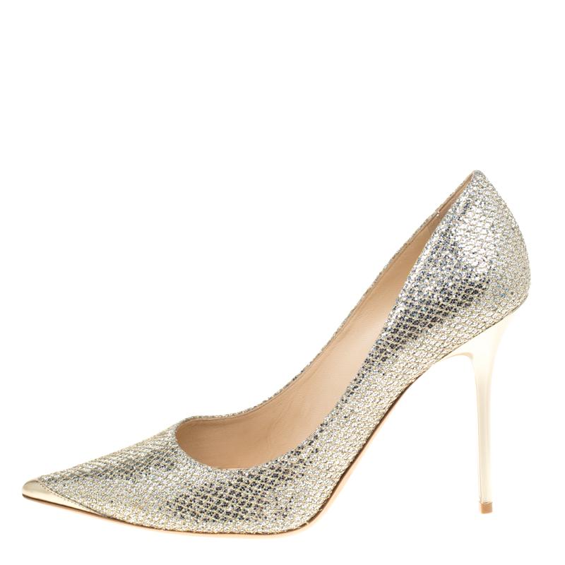 Jimmy Choo Metallic Gold Lamé Glitter Fabric Abel Pointed Toe Pumps ...