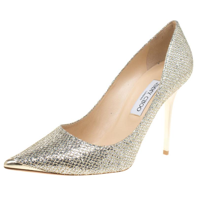 Jimmy Choo Metallic Gold Lamé Glitter Fabric Abel Pointed Toe Pumps ...