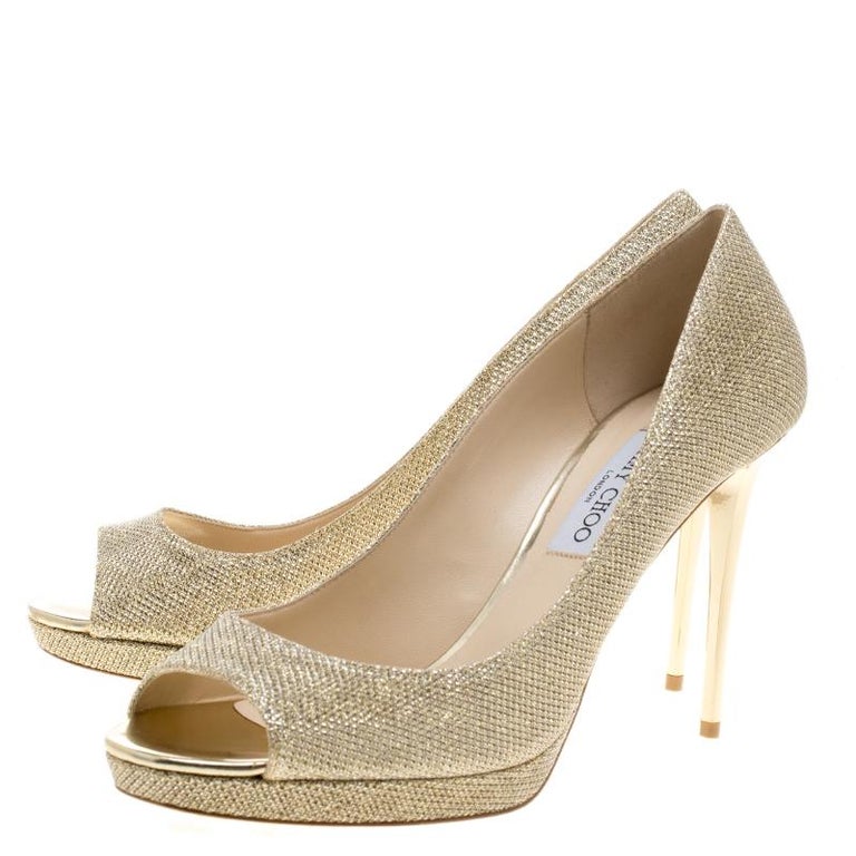 Jimmy Choo Metallic Gold Lamè Glitter Fabric Luna Peep Toe Platform ...