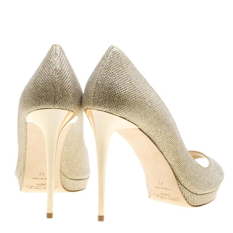 Jimmy Choo Metallic Gold Lamè Glitter Fabric Luna Peep Toe Platform ...