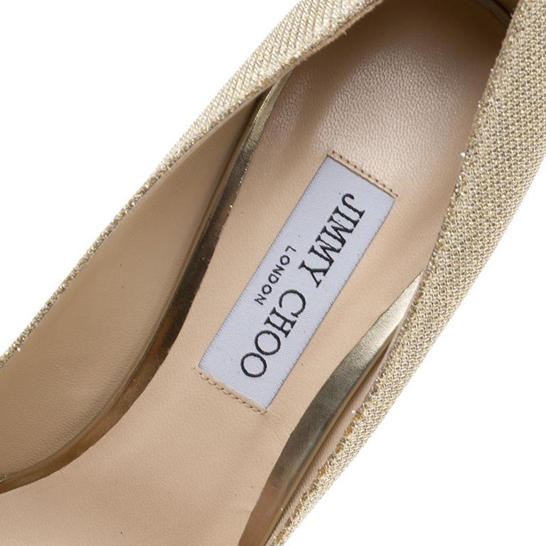 Jimmy Choo Metallic Gold Lamè Glitter Fabric Luna Peep Toe Platform ...