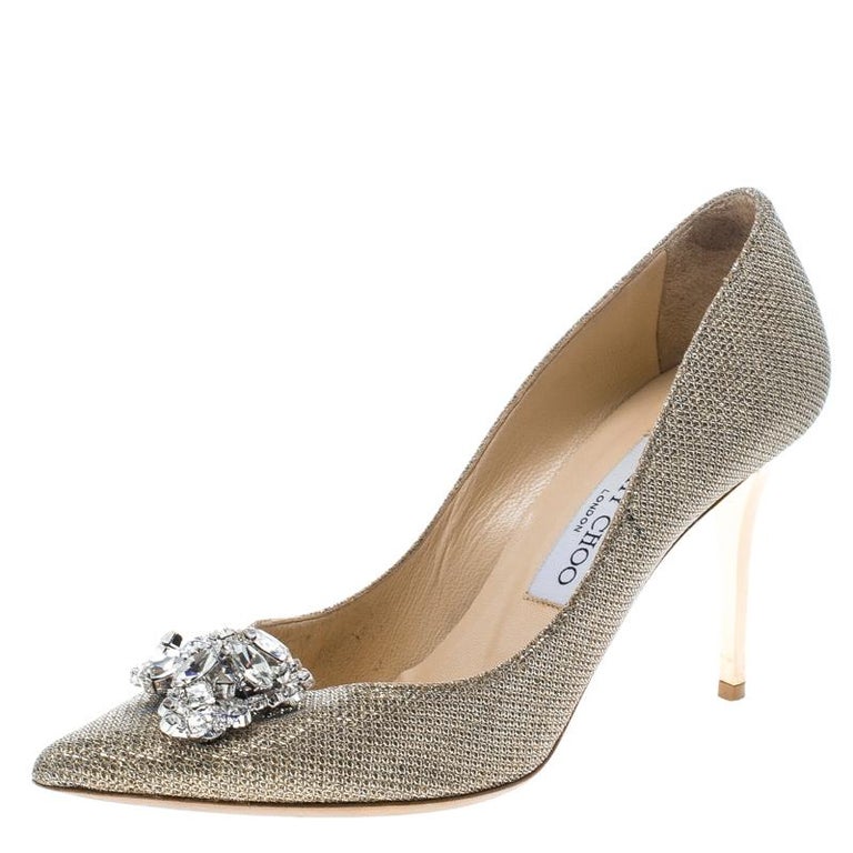 Jimmy Choo Metallic Gold Lamè Glitter Fabric Mamey Crystal Embellished ...