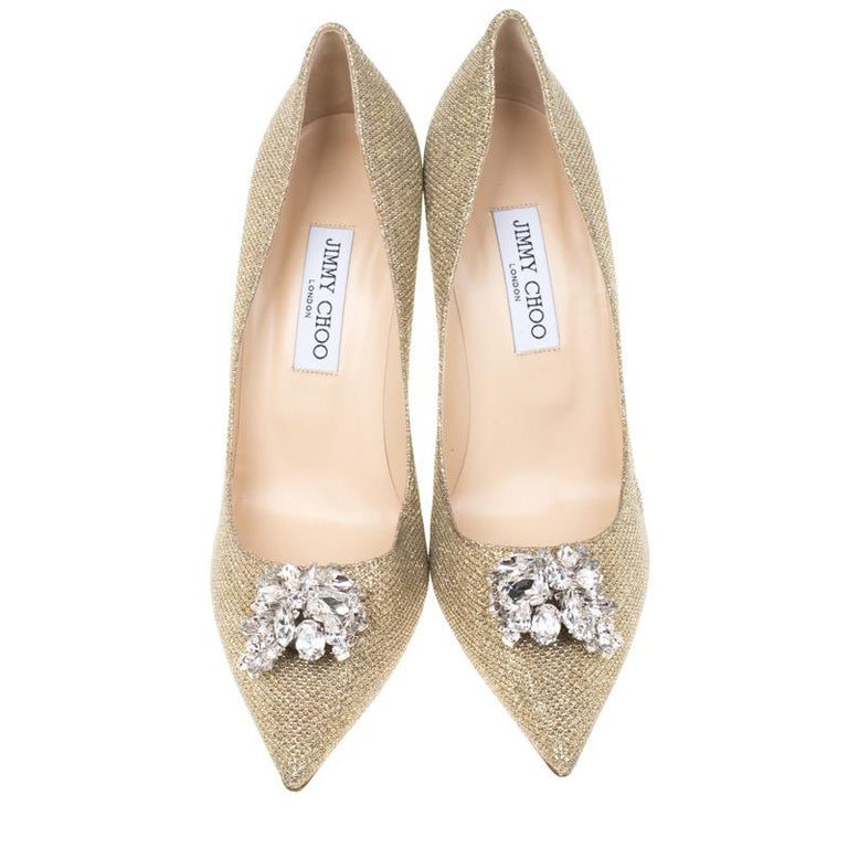 Jimmy Choo Metallic Gold Lamè Glitter Fabric Mamey Pointed Toe Pumps ...