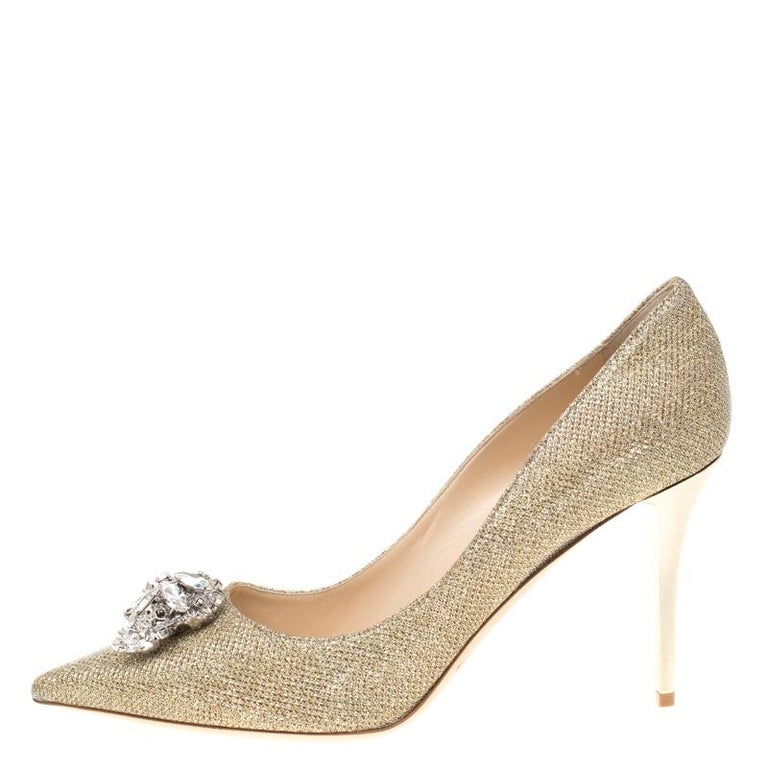 Jimmy Choo Metallic Gold Lamè Glitter Fabric Mamey Pointed Toe Pumps ...