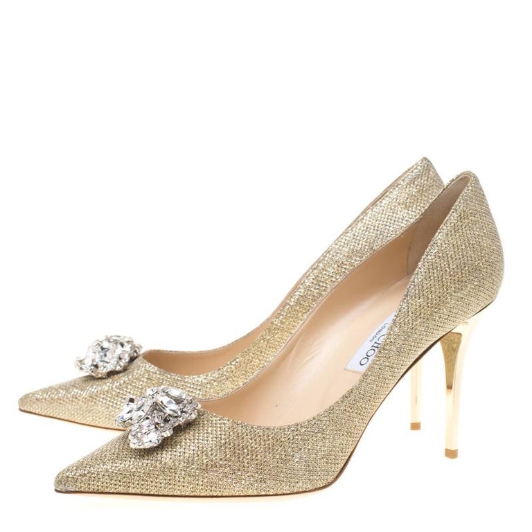 Jimmy Choo Metallic Gold Lamè Glitter Fabric Mamey Pointed Toe Pumps ...