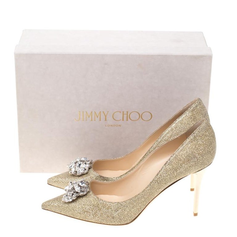 Jimmy Choo Metallic Gold Lamè Glitter Fabric Mamey Pointed Toe Pumps ...