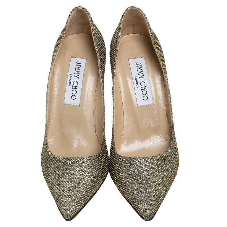 Jimmy Choo Metallic Gold Lamé Glitter Fabric Romy Pointed Toe Pumps ...