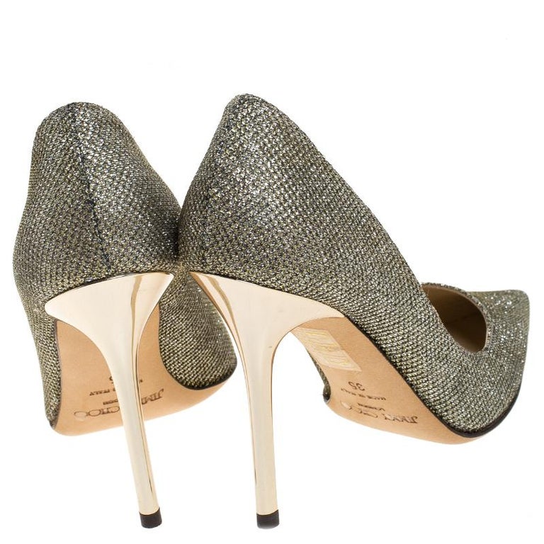 Jimmy Choo Metallic Gold Lamé Glitter Fabric Romy Pointed Toe Pumps ...