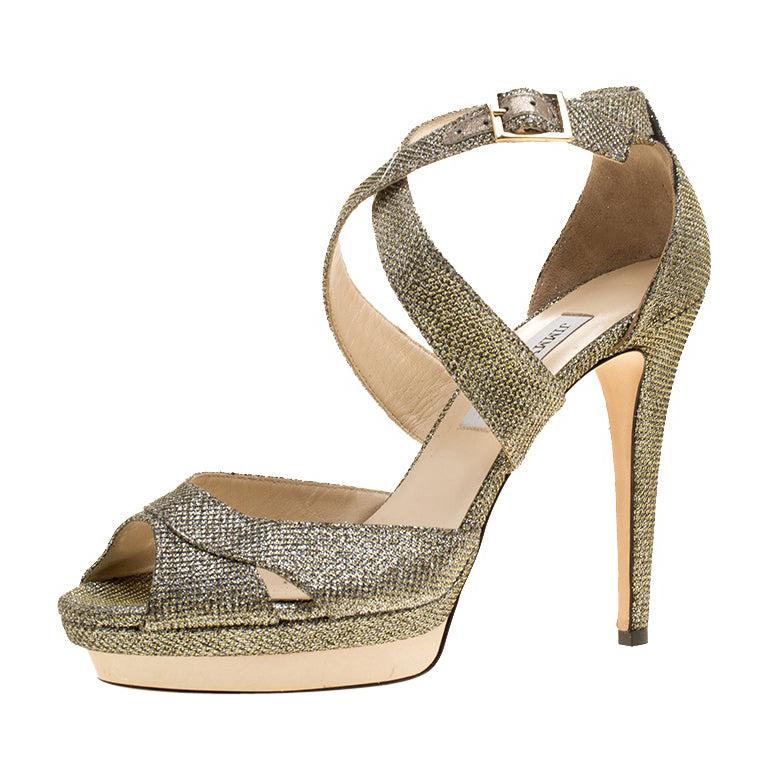 Jimmy Choo Metallic Silver Lamé Glitter Fabric Kuki Platform Sandals ...