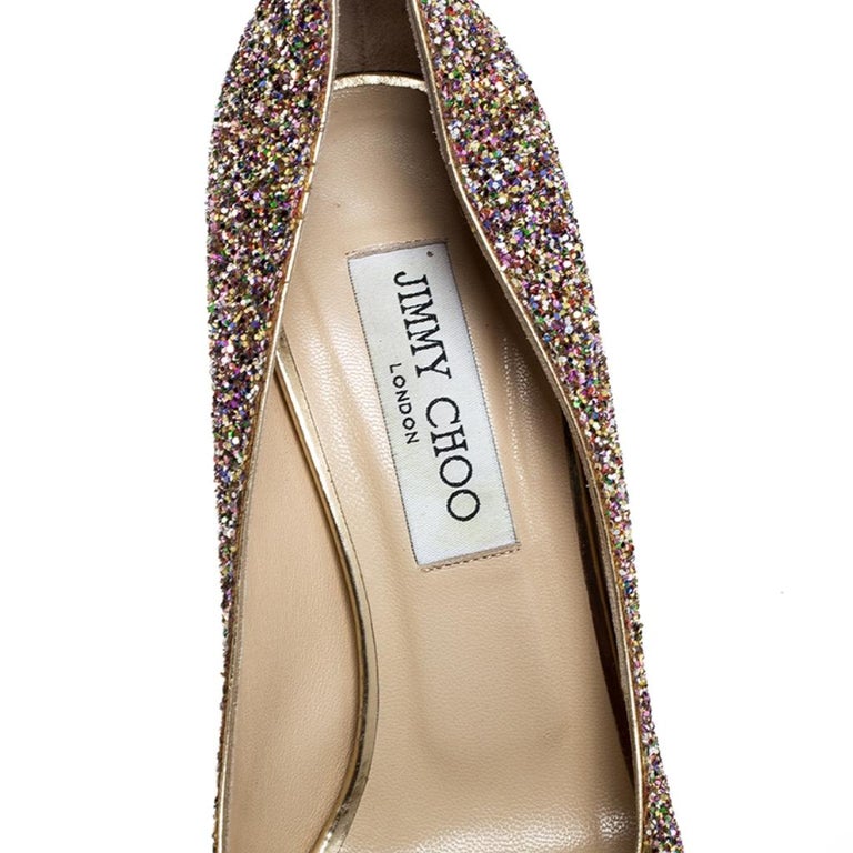 Jimmy Choo Multicolor Glitter Crown Peep Toe Pumps Size 38 at 1stDibs