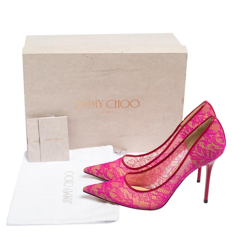 Jimmy Choo Raspberry Pink Lace and Leather Abel Pointed Toe Pumps Size ...