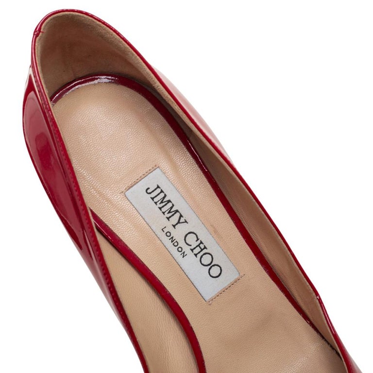 Jimmy Choo Red Patent Leather Peep Toe Platform Pumps Size 39.5 at ...