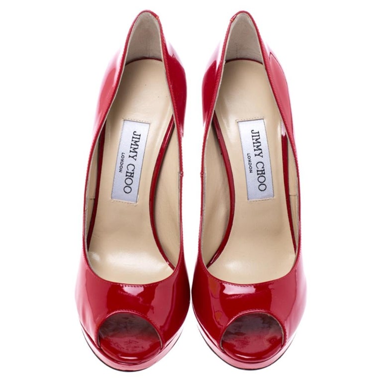 Jimmy Choo Red Patent Leather Quiet Peep Toe Pumps Size 37.5 For Sale ...