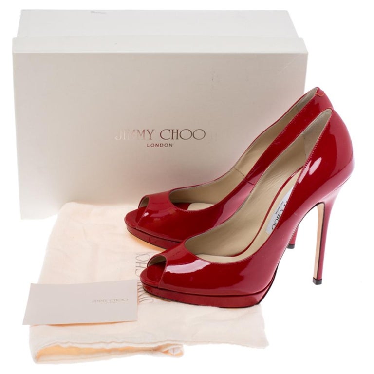 Jimmy Choo Red Patent Leather Quiet Peep Toe Pumps Size 37.5 For Sale ...