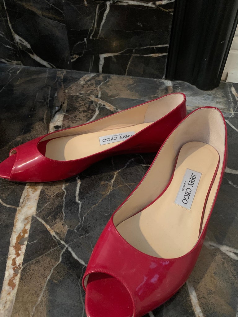 Jimmy Choo Red Patent Peep Toe Flats Size 40 For Sale at 1stDibs