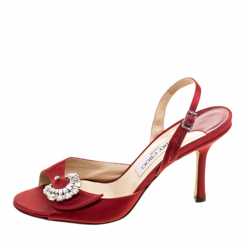 Jimmy Choo Red Satin Crystal Embellished Slingback Sandals Size 37.5 ...