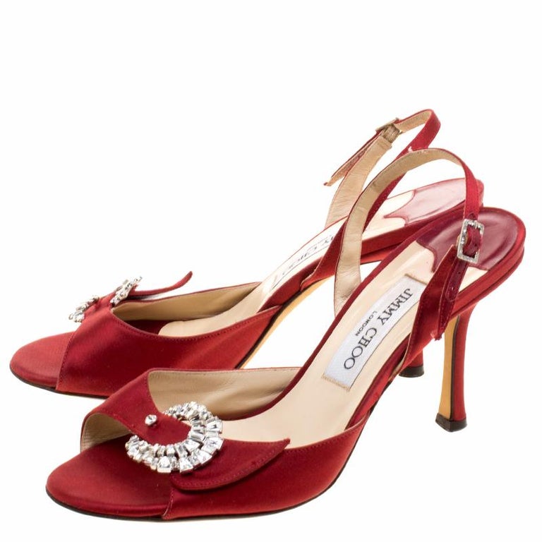 Jimmy Choo Red Satin Crystal Embellished Slingback Sandals Size 37.5 ...