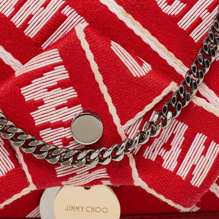 Jimmy Choo Red/White Canvas and Leather Logo Tape Bow Finley Shoulder ...