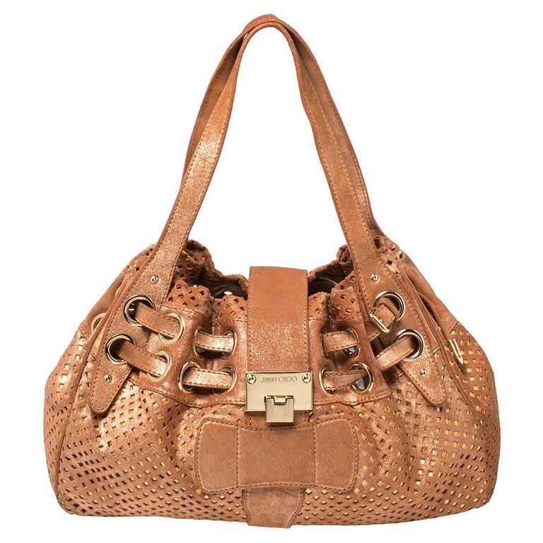 Jimmy Choo Rusty Orange/Gold Shimmer Suede Riki Perforated Tote at 1stDibs
