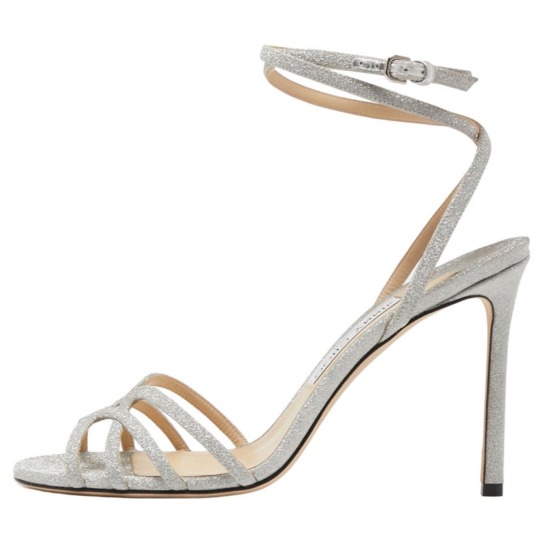 Jimmy Choo Silver Glitter and Leather Ankle Strap Sandals Size 39.5 For ...