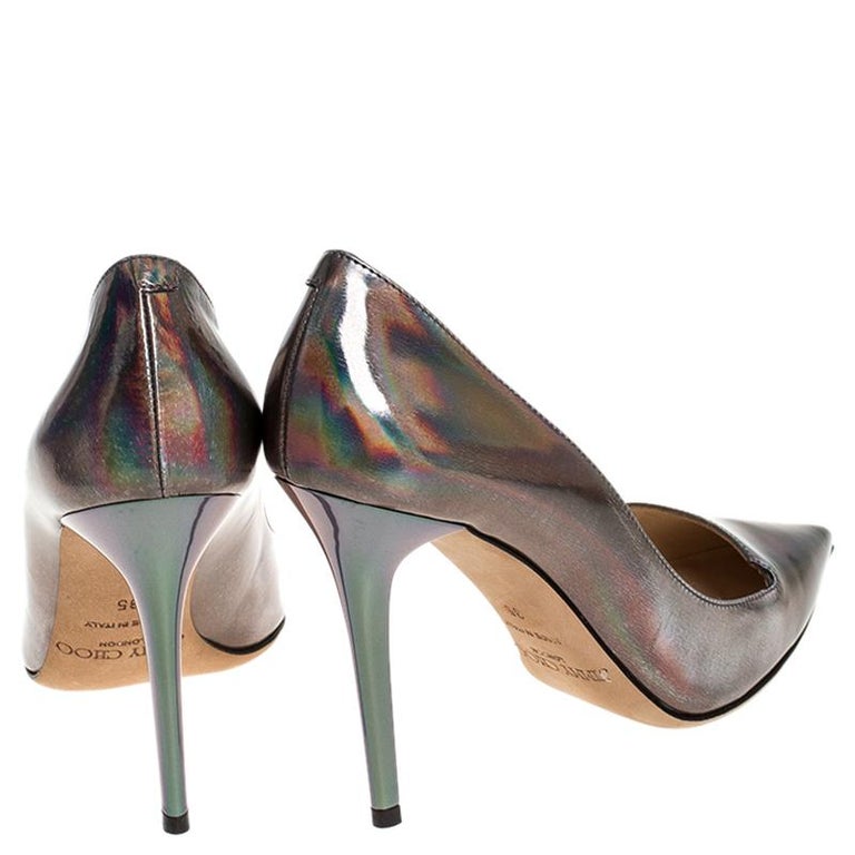 Jimmy Choo Silver Holographic Leather Avril Pointed Toe Pumps Size 35 ...