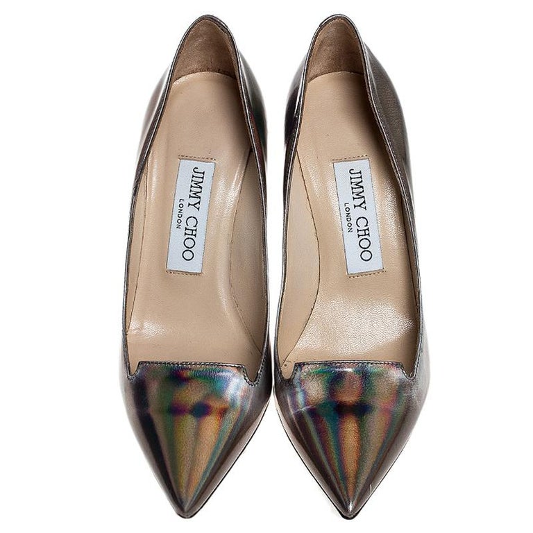 Jimmy Choo Silver Holographic Leather Avril Pointed Toe Pumps Size 35 ...