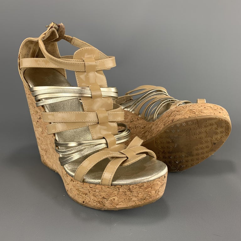 JIMMY CHOO Size 7 Beige and Silver Patent Leather Cork Wedge Platform ...