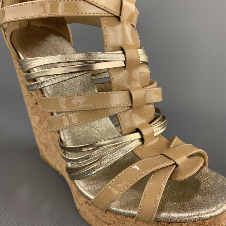JIMMY CHOO Size 7 Beige and Silver Patent Leather Cork Wedge Platform ...