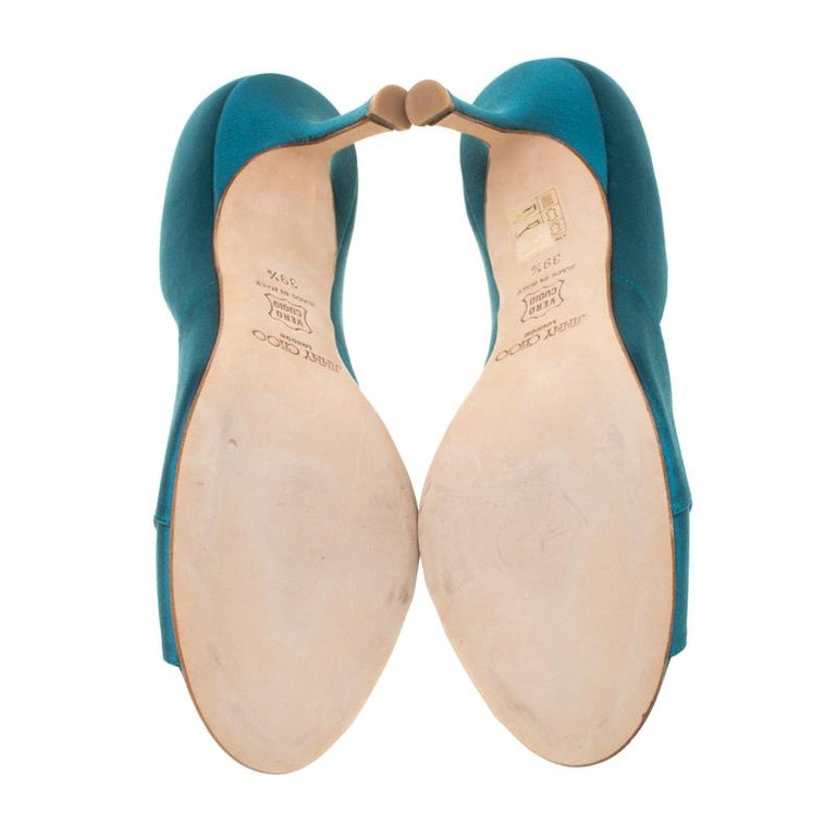 Jimmy Choo Turquoise Blue Satin Crystal Cut Out Peep Toe Sandals Size ...