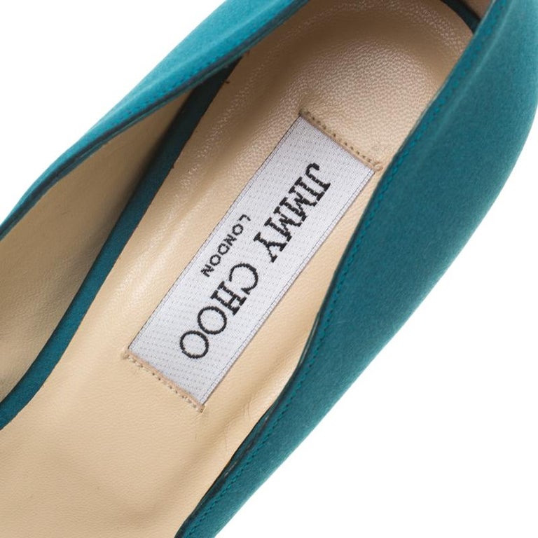 Jimmy Choo Turquoise Blue Satin Crystal Cut Out Peep Toe Sandals Size ...