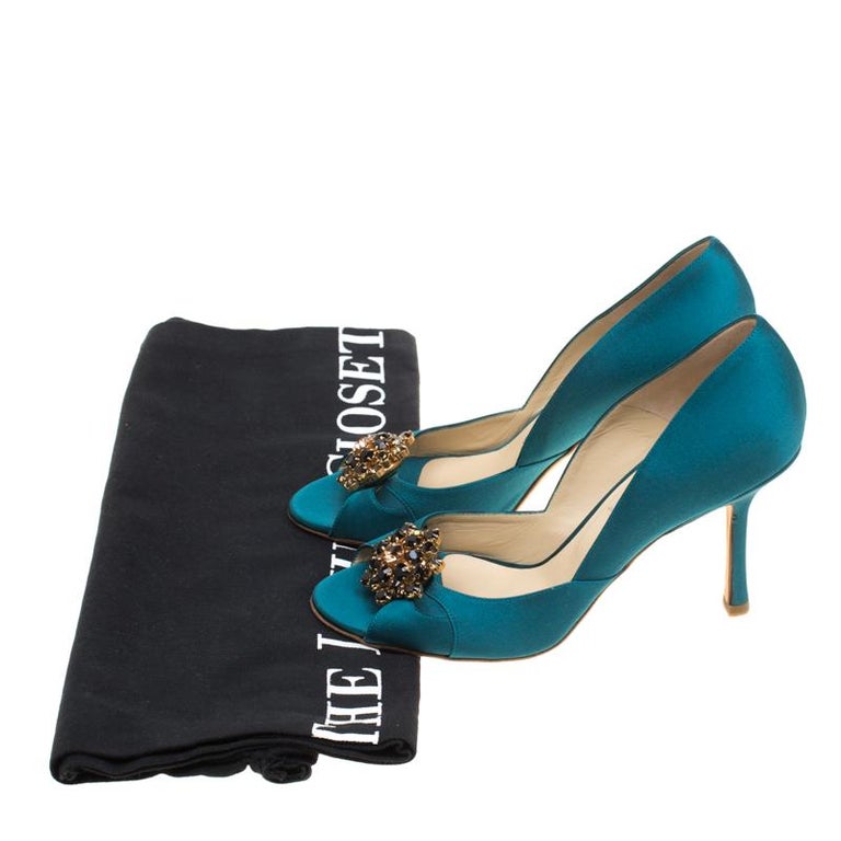 Jimmy Choo Turquoise Blue Satin Crystal Cut Out Peep Toe Sandals Size ...